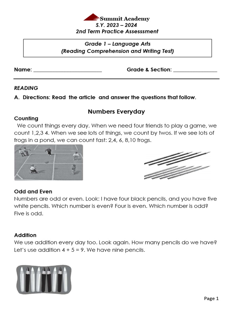 S.Y. 2023 - 2024 2nd Term Practice Assesssment Grade 1 - Language Arts ...