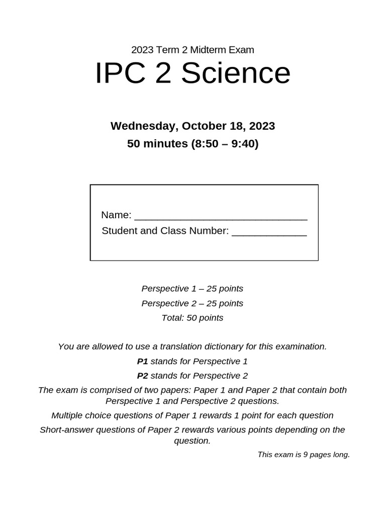 IPC 2 Science SS Midterm Exam (Bio and Chem | PDF