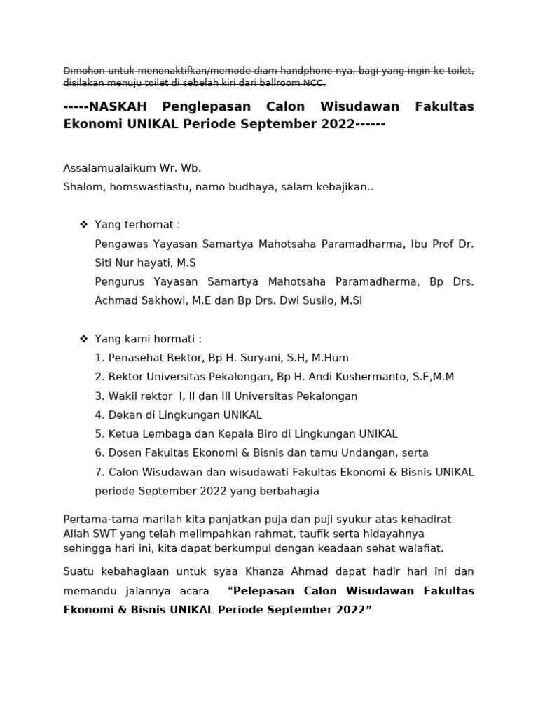 NASKAH Penglepasan Calon Wisudawan Fakultas Ekonomi & Bisnis UNIKAL Periode September 2022 | PDF