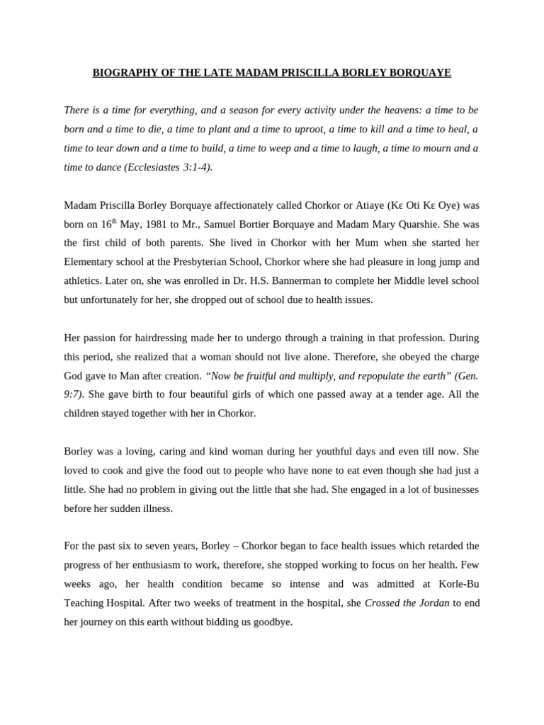 Biography of The Late Priscilla Borquaye | PDF