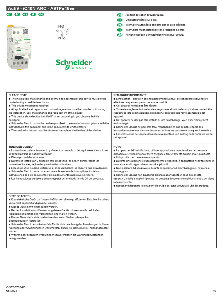 Schneider Electric Acti9-AFDD - A9TPD4610 Manuel | PDF