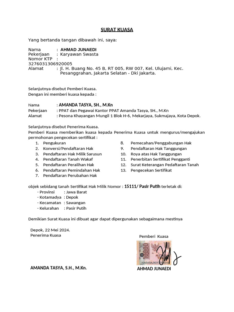 Surat Kuasa Ahmad Junaedi | PDF