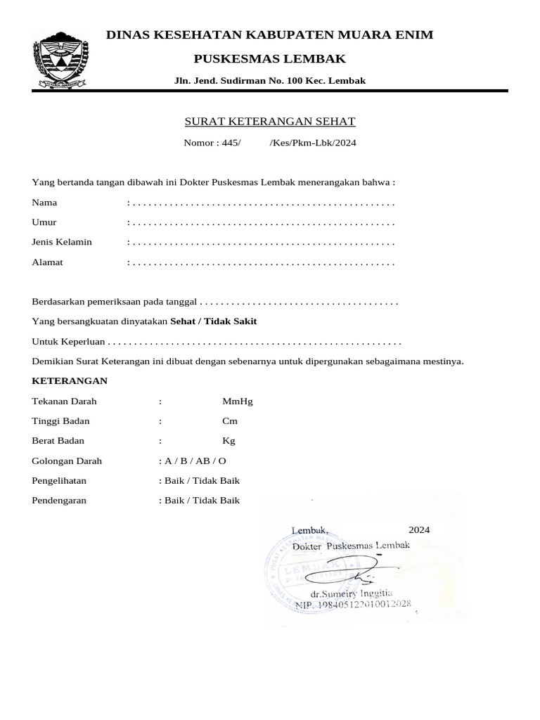 Dinas Kesehatan Kabupaten Muara Enim Puskesmas Lembak: Surat Keterangan Sehat | PDF