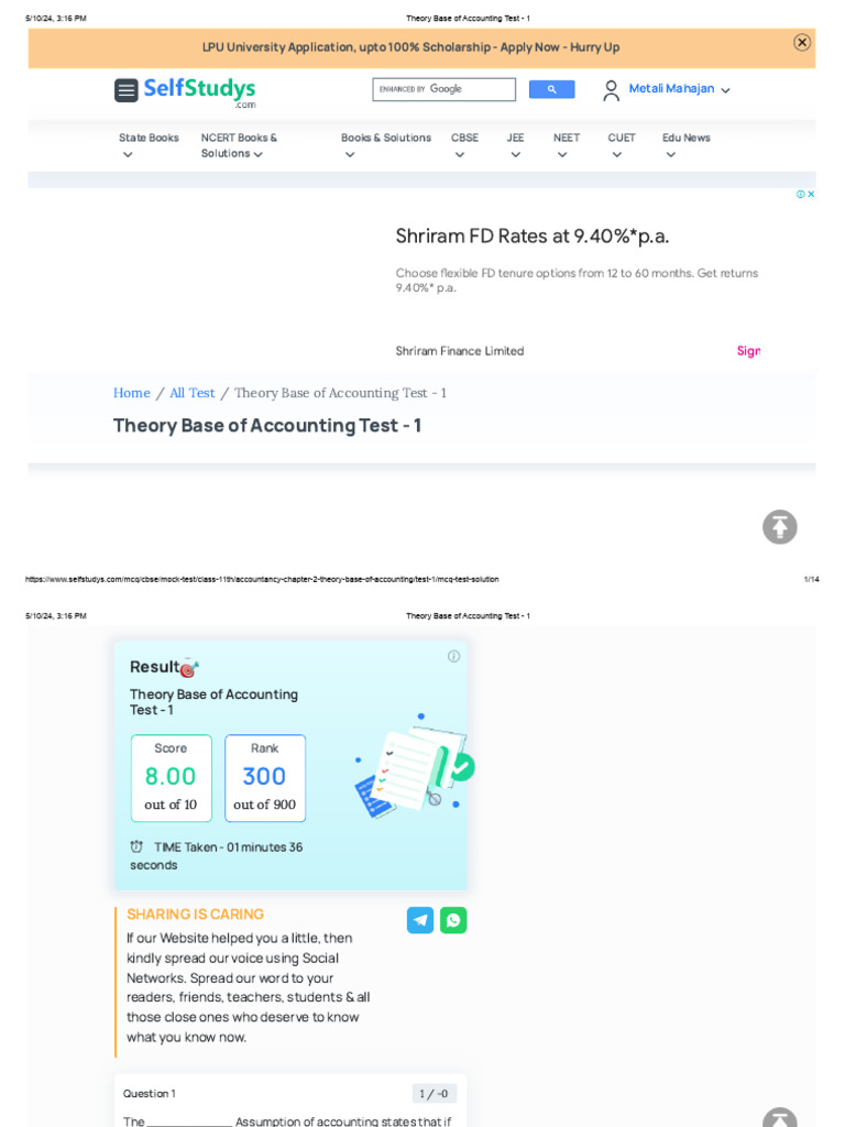 Theory Base of Accounting Test - 1 | PDF | International Financial ...