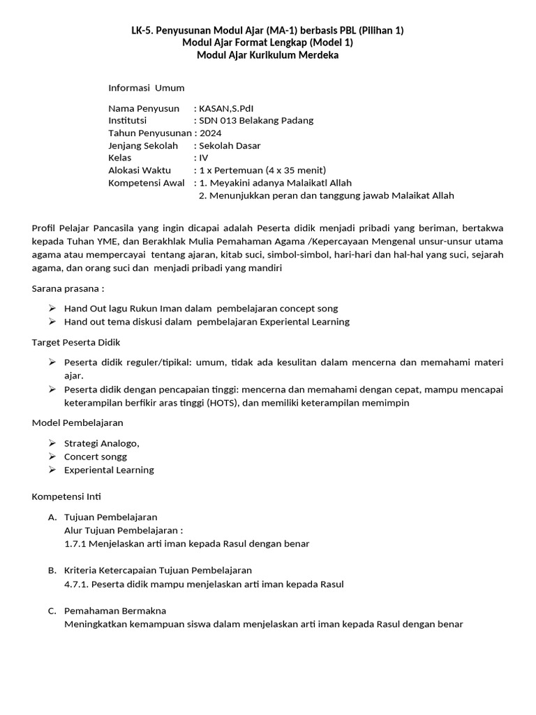 Tugas 5 - Penyusunan Modul Ajar PBL model 1 | PDF