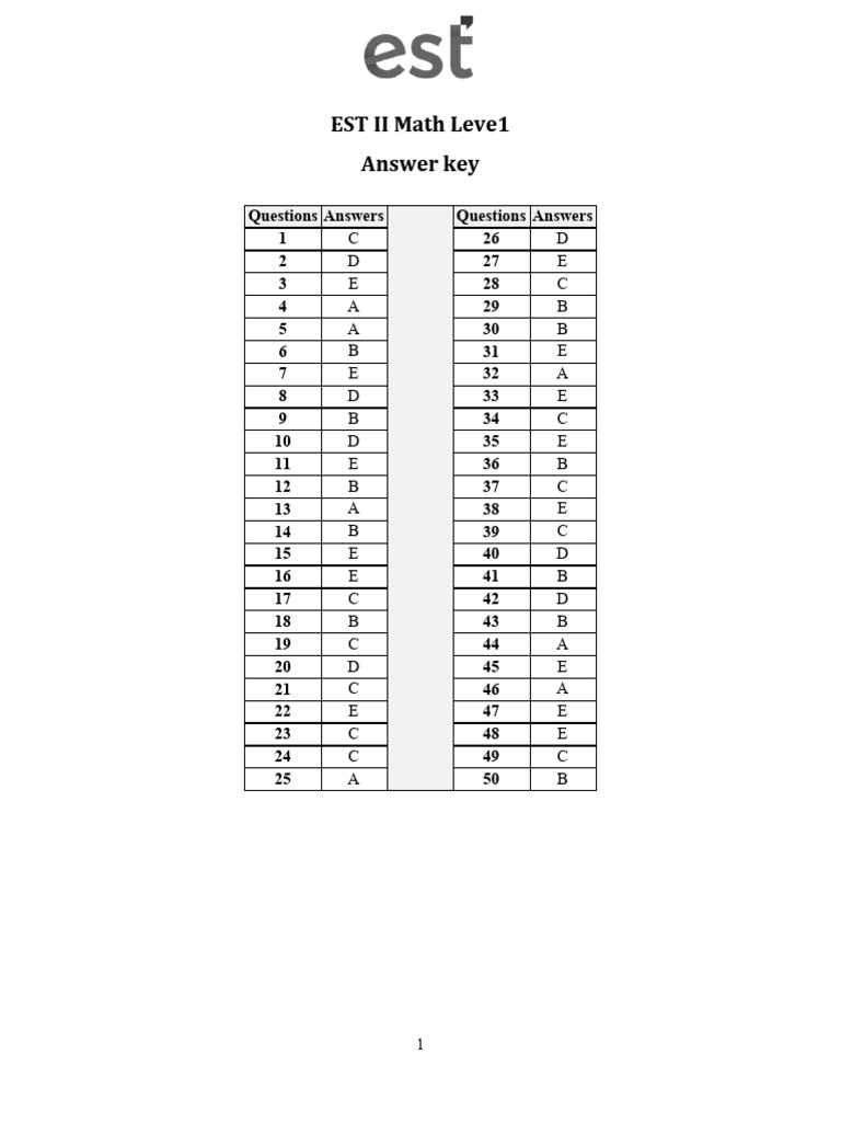 EST 2 Math Level 1 Answer Key - Test Sample | PDF