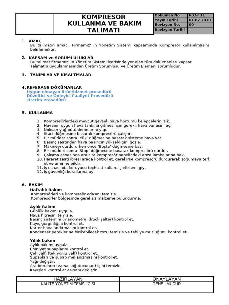 Kompresor Kullanma Ve Bakim Talimati | PDF