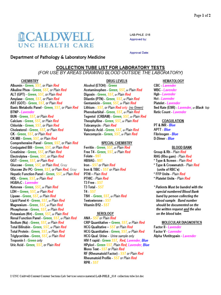 LAB PHLE.016 Collection Tube List | PDF