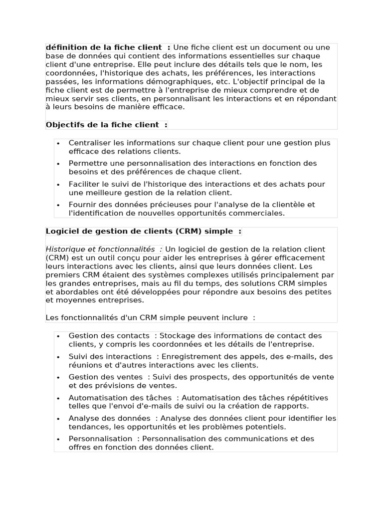 Définition de La Fiche Client | PDF
