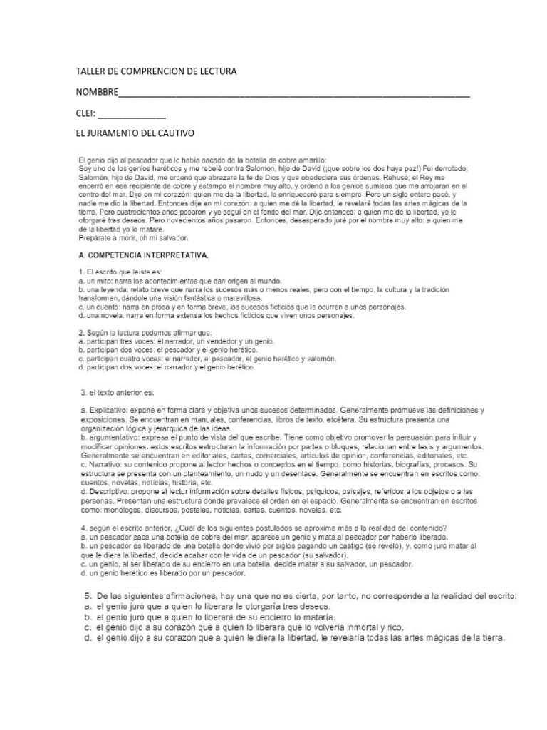 Taller De Comprencion De Lectura Pdf