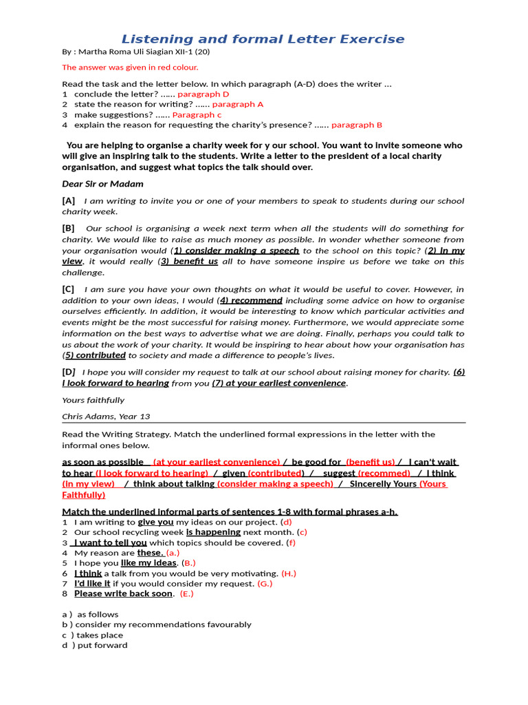 Formal Letter Exercise XII Martha | PDF