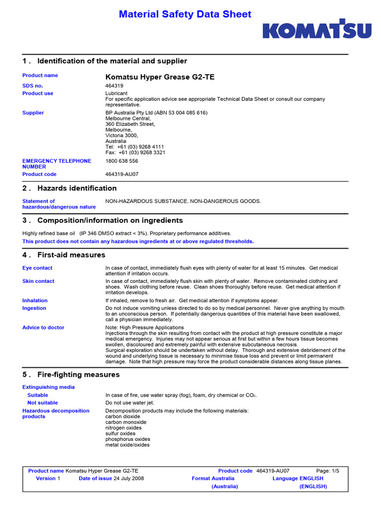 Komatsu Hyper Grease G2-TE MSDS | PDF