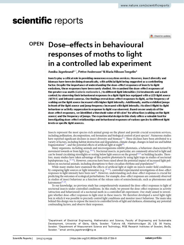 Dose-Effects in Behavioural Responses of Moths To Light in A Controlled Lab Experiment | PDF