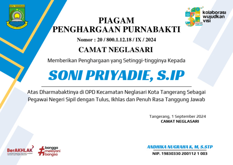Piagam Penghargaan Purnabakti | PDF