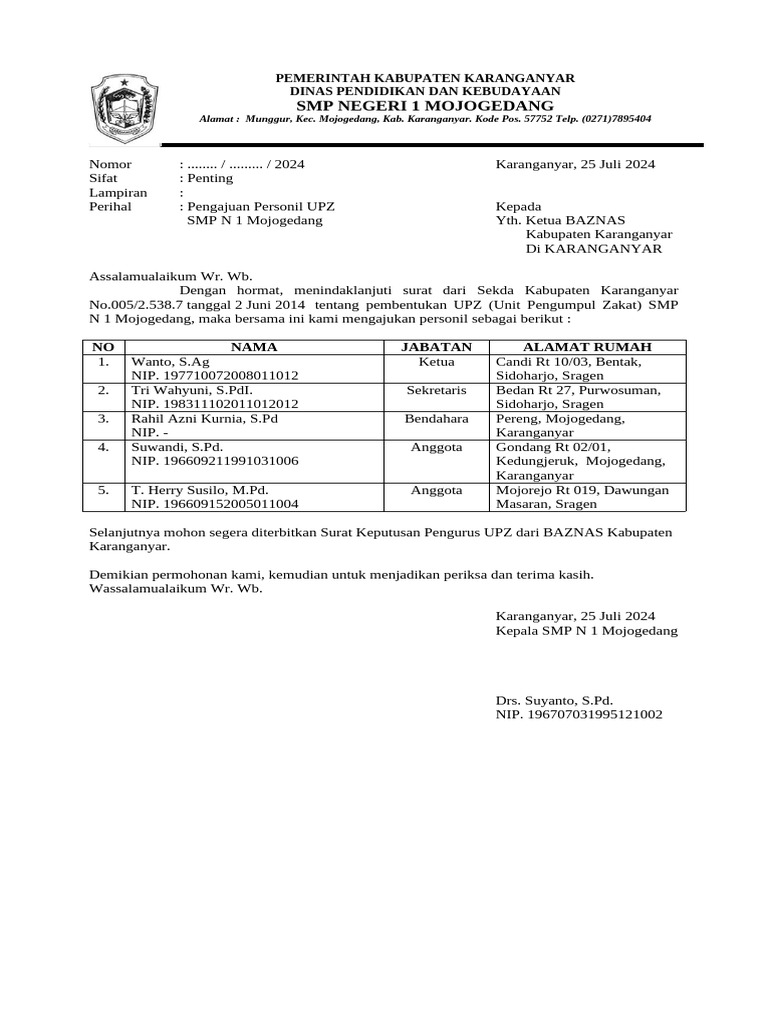 Pengajuan Personil UPZ SMP N 1 Mojogedang | PDF