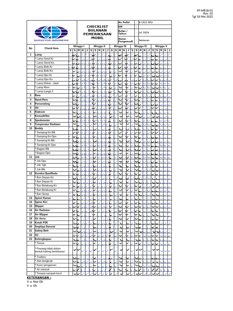 FP-MR18-01 Checklist Pemeriksaan Mobil Rev 01 | PDF
