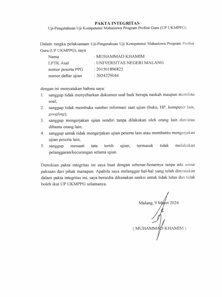 Pakta Integritas - UP (Muhammad Khamim) | PDF