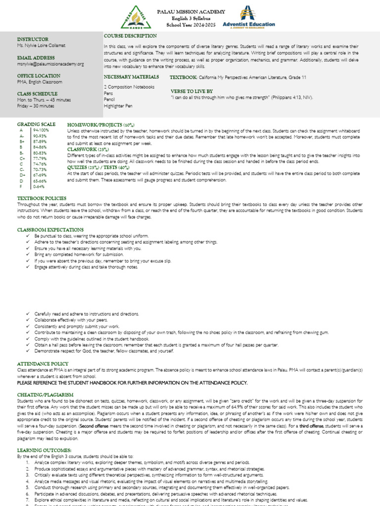 English 3 Syllabus 2024-2025 | PDF