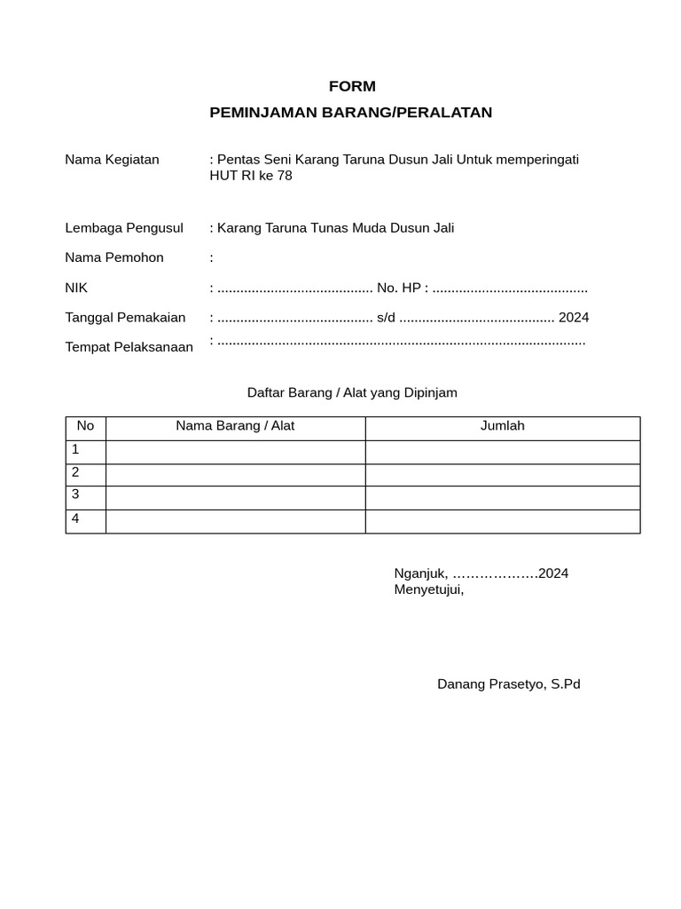Form Peminjaman Barang | PDF