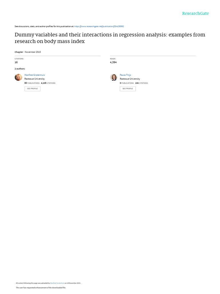 Dummy Variables and Their Interactions in Regression Analysis: Examples From Research On Body ...
