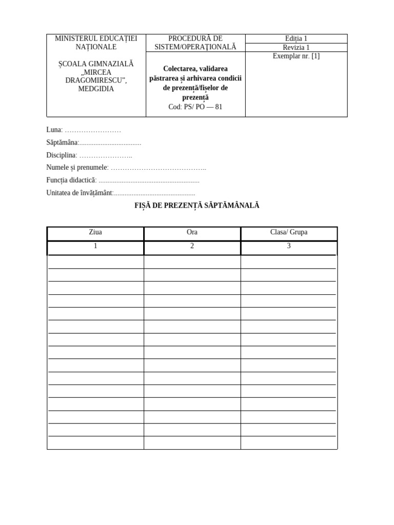 Fisa de Prezenta Profesori Online | PDF