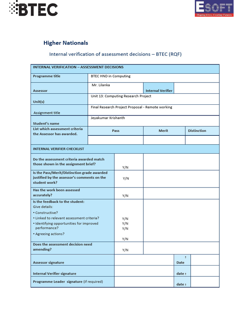 Higher Nationals: Internal Verification of Assessment Decisions - BTEC (RQF) | PDF