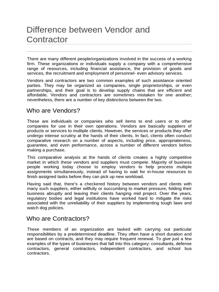 Difference Between Vendor and Contractor | PDF