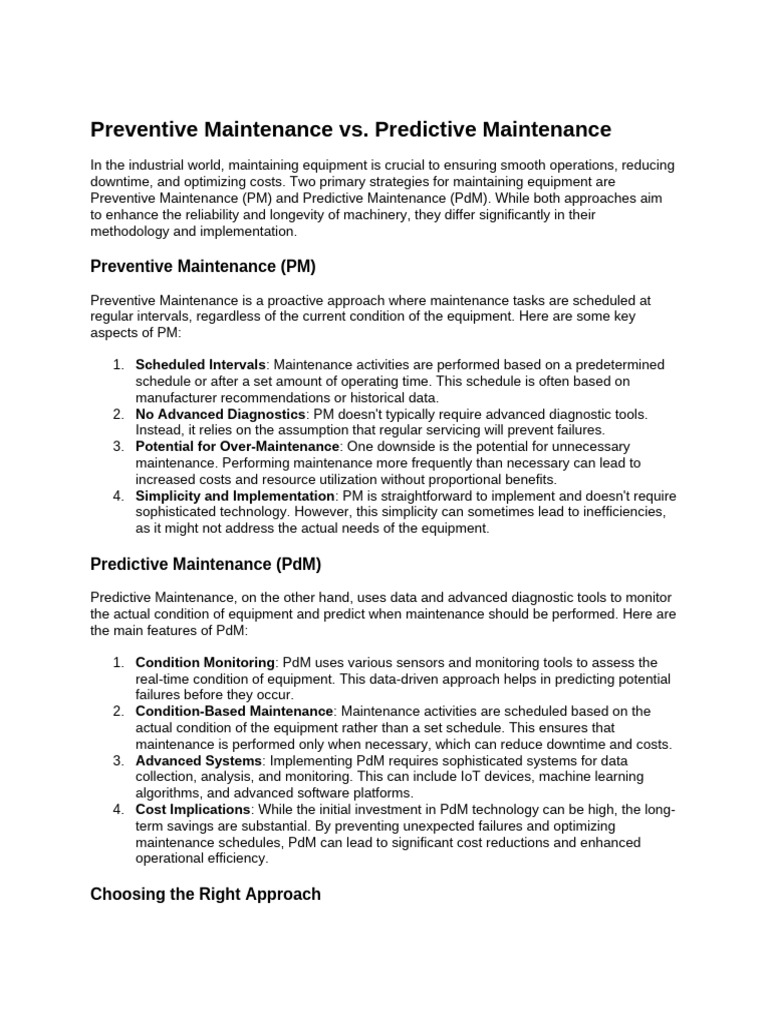 Preventive Maintenance Vs Predictive Mai | PDF