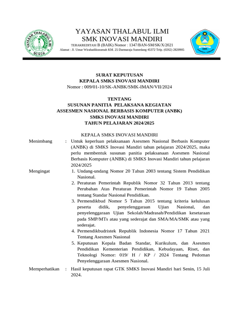 SK PANITIA ANBK 2024 | PDF