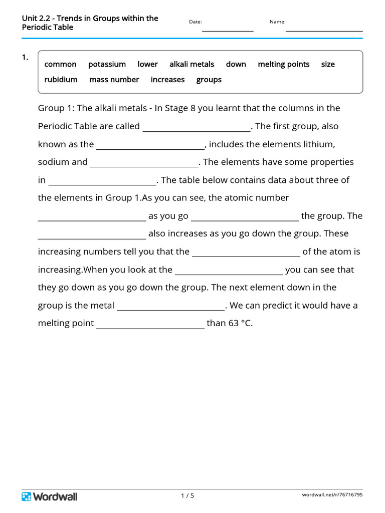 Unit 22 Trends in Groups Within The Periodic Table Complete The ...