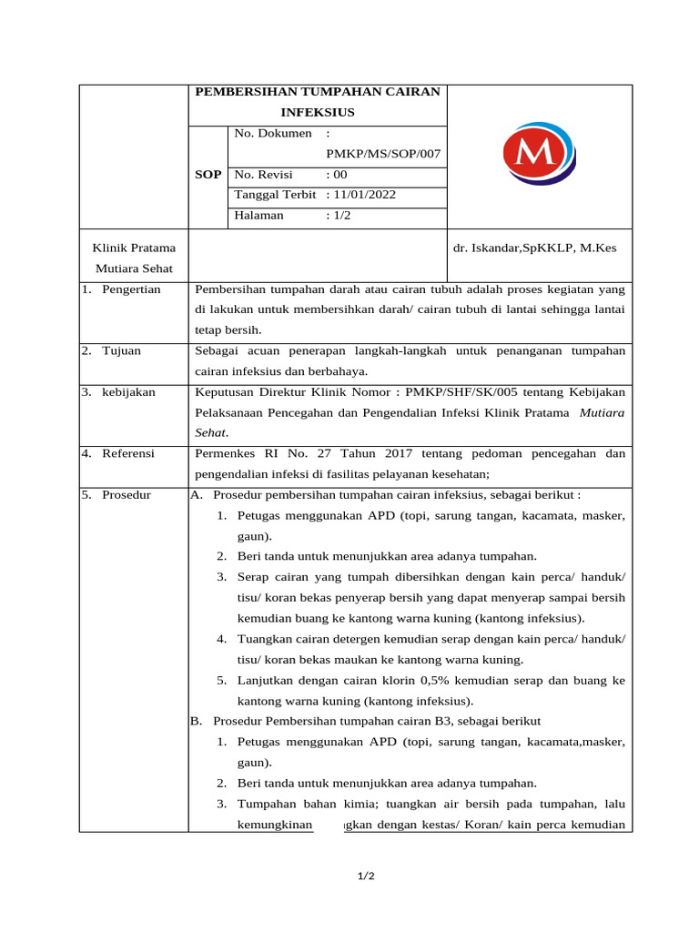 Sop Pembersihan Tumpahan Cairan Infeksius | PDF