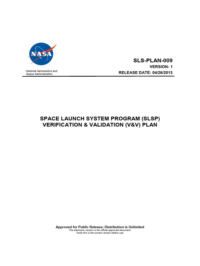 SLS PLAN 009 - SLSP Verification and Validation (V&V) Plan | PDF