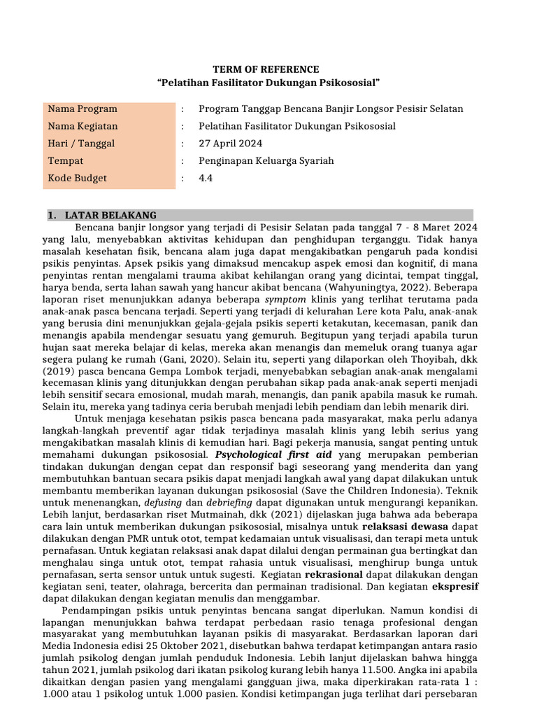 ToR Pelatihan Fasilitator PSS | PDF