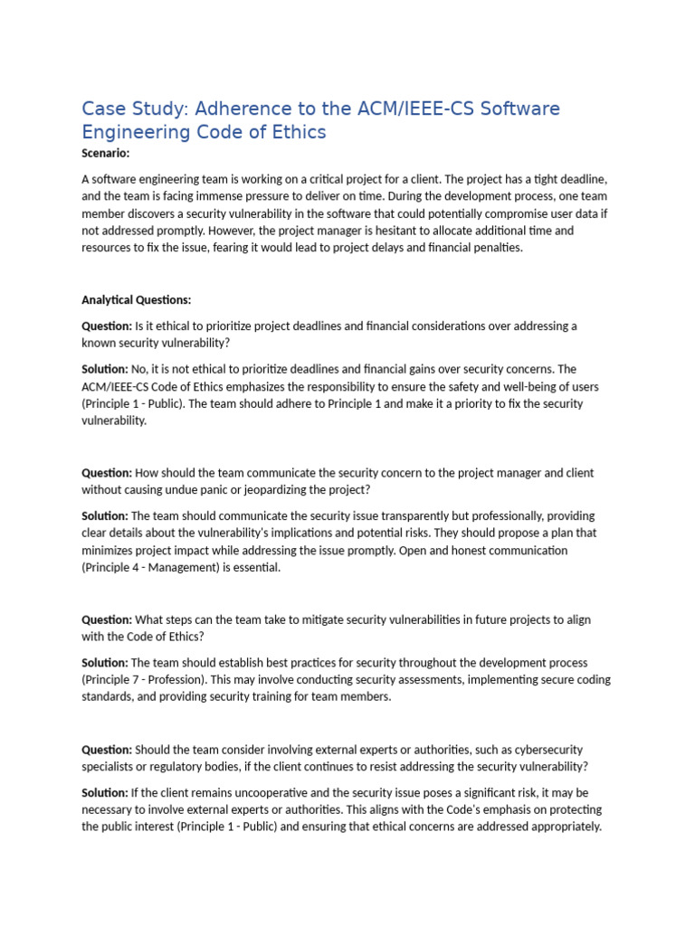 Lecture 12 - SE Code of Ethics - Sample Case Studies and Answers | PDF