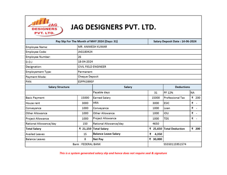 Jag Designers Pvt. LTD.: This Is A System Generated Salary Slip and ...