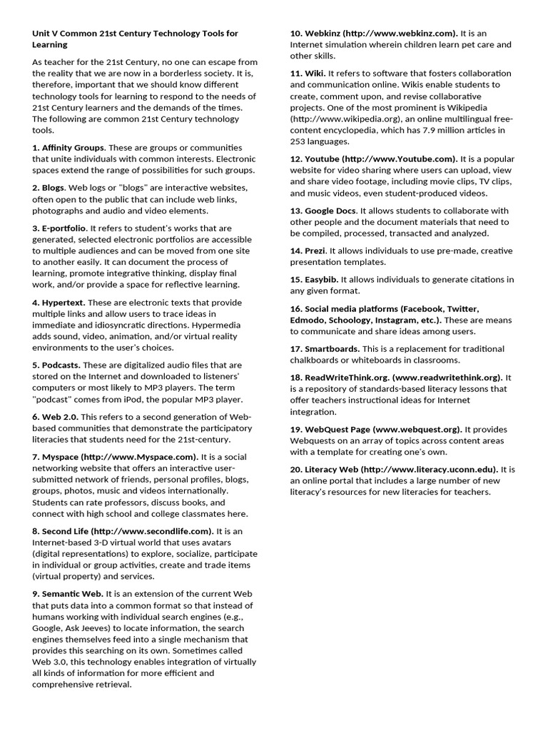Unit V Common 21st Century Technology Tools For Learning | PDF