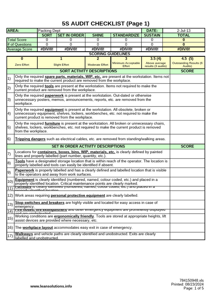 5S Audit Checklist | PDF
