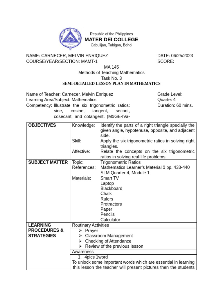 5a's SEMI-DETAILED LESSON PLAN IN MATHEMATICS | PDF