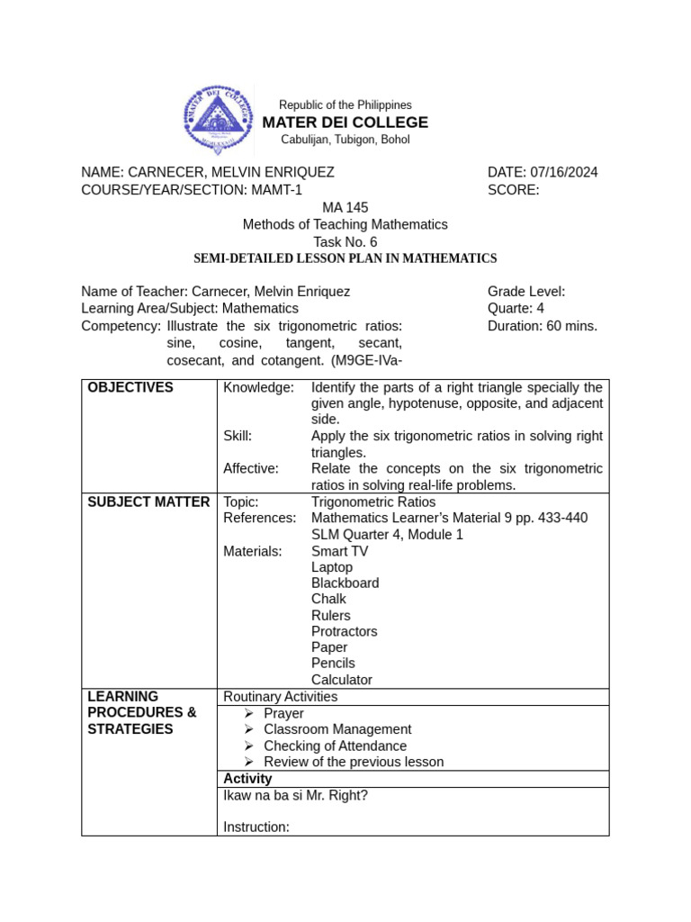 Adidas Semi-Detailed Lesson Plan in Mathematics | PDF