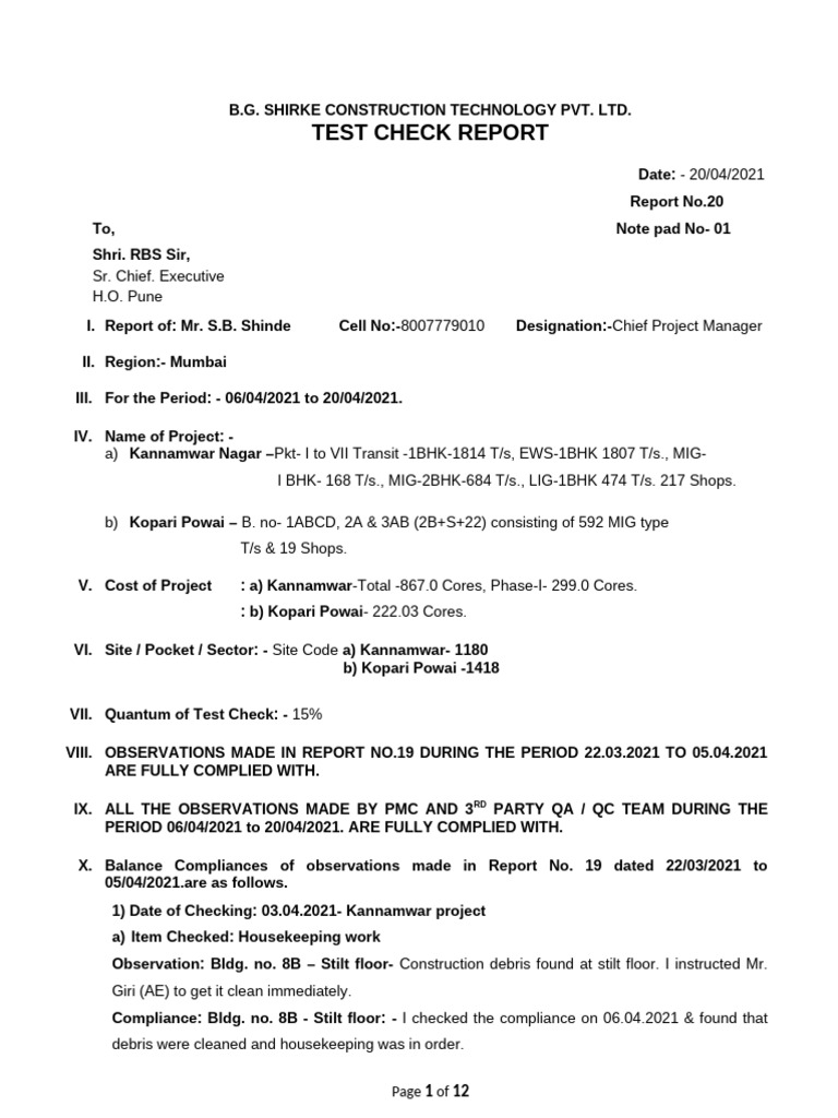 Test - Check - Report 06.04.2021 To 20.04.2021 | PDF