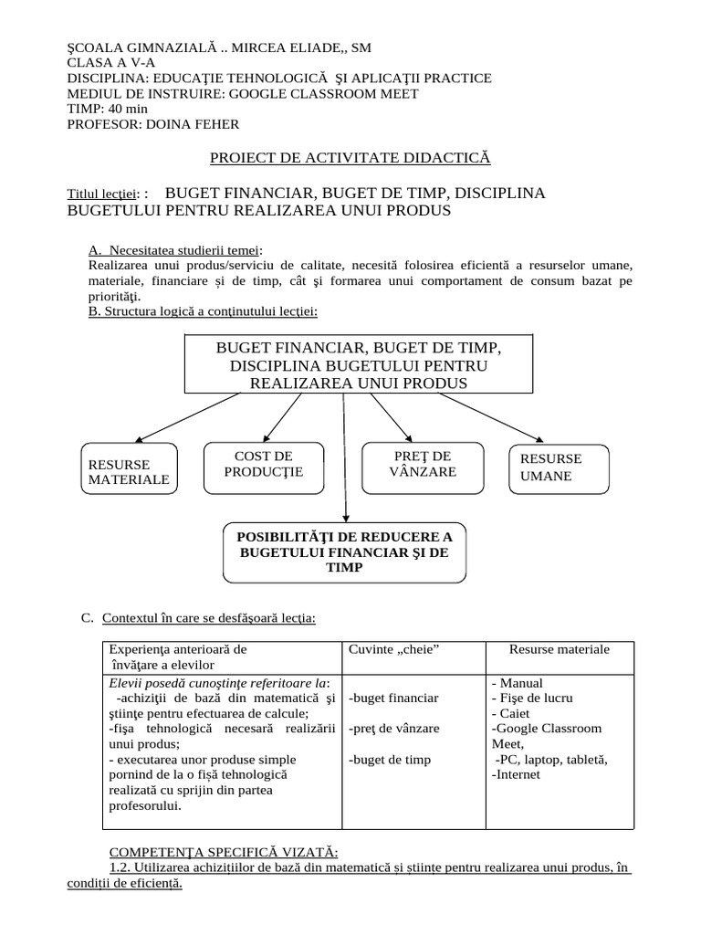 Proiect de Lectie Clasa A Via - Doc CLASSROM - Doc6 Bugetul Financiar, de Timp | PDF