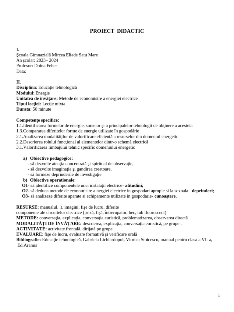 Proiect de Lectiecl A Viiia Circuite Electrice Dintro Locuinta (1) .Doc Clasa 8 Decembrie | PDF