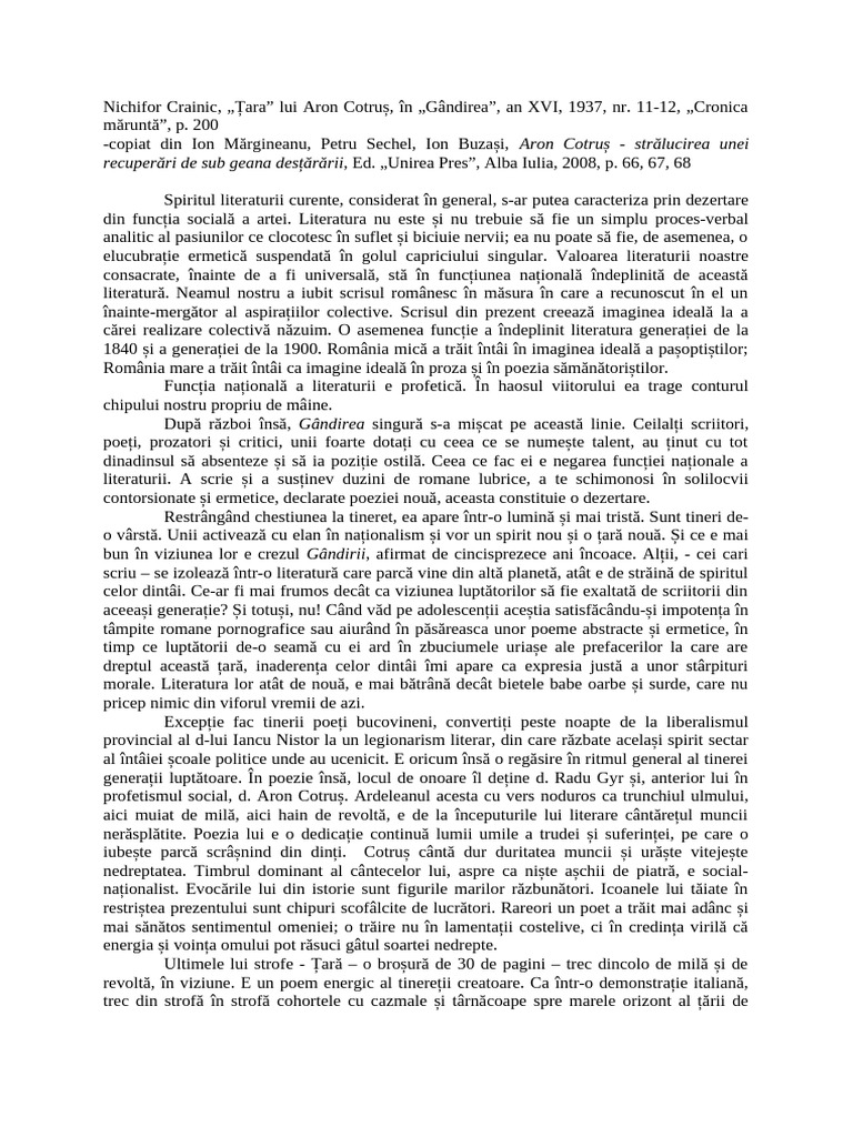 Crainic - Țara Lui Aron Cotruș | PDF