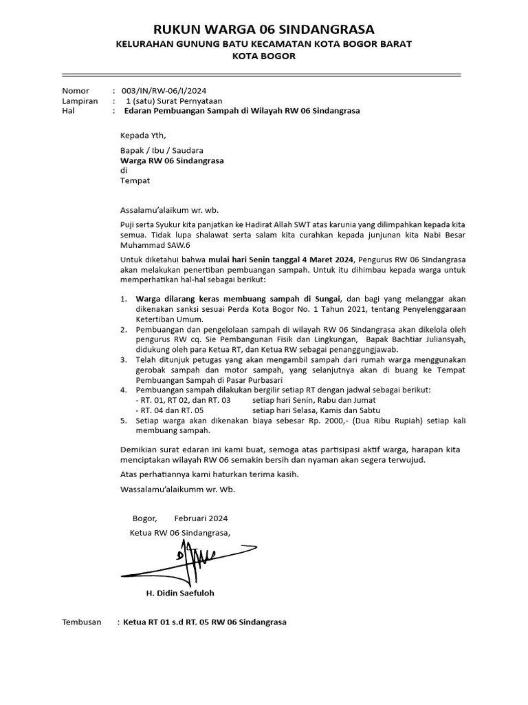 Surat RW-003 - Penertiban Sampah | PDF