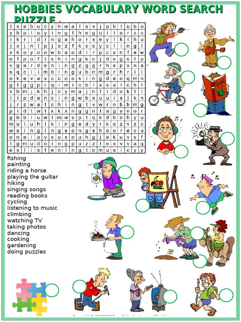 Hobbies Vocabulary Esl Word Search Puzzle Worksheets For Kids | PDF