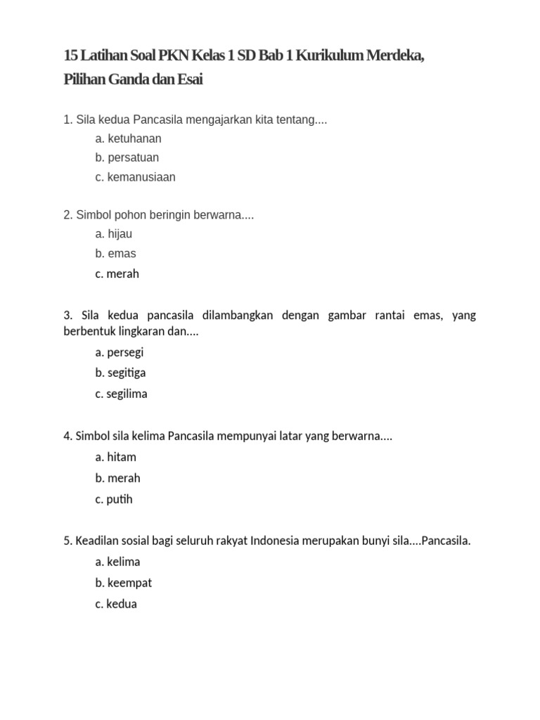 15 Latihan Soal PKN Kelas 1 SD Bab 1 Kurikulum Merdeka | PDF