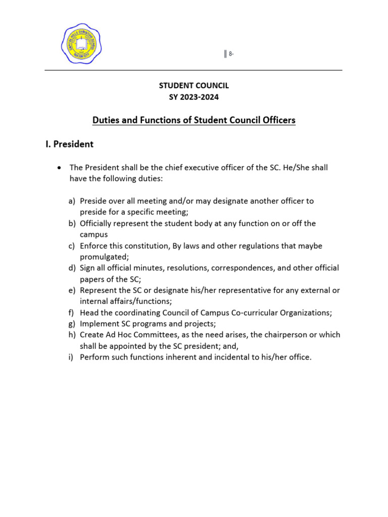 STUDENT COUNCIL Duties and Responsibilities | PDF