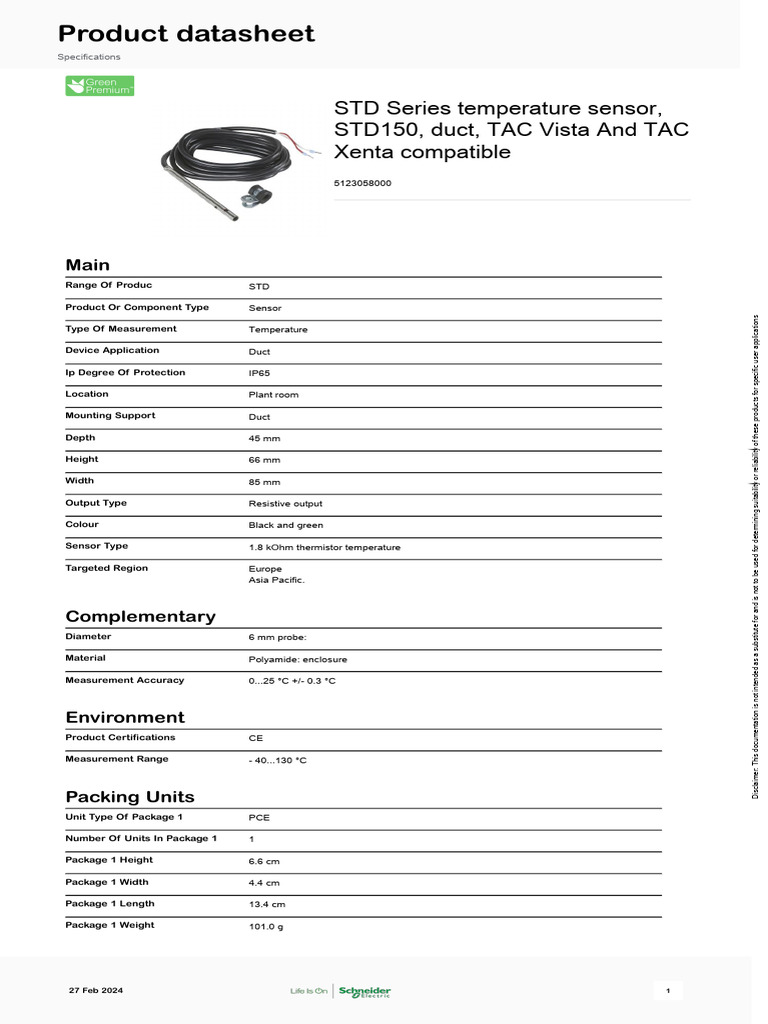 Schneider Electric - SpaceLogic-Temperature-Sensors - 5123058000 | PDF