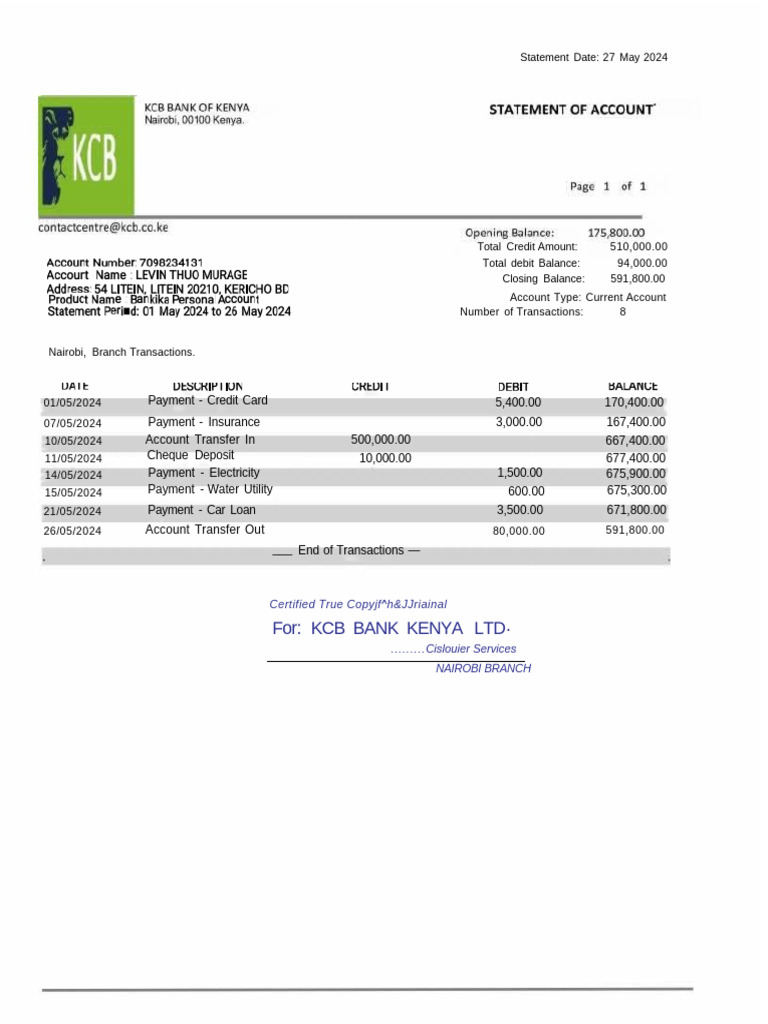 Levin Thuo Murage KCB BANK STATEMENT | PDF
