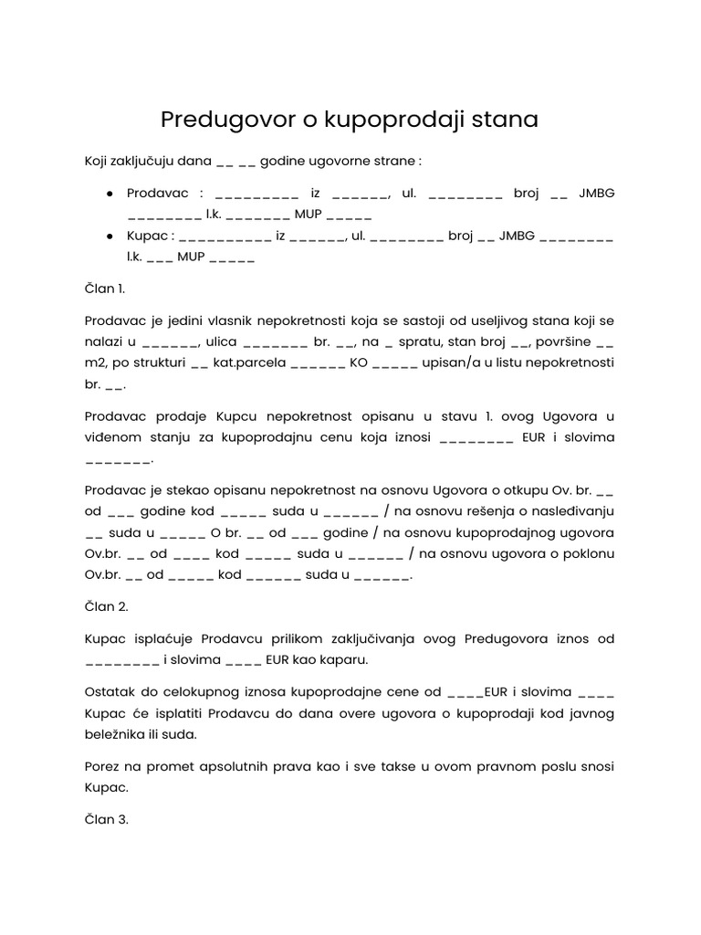 Predugovor o Kupoprodaji Stana Word | PDF